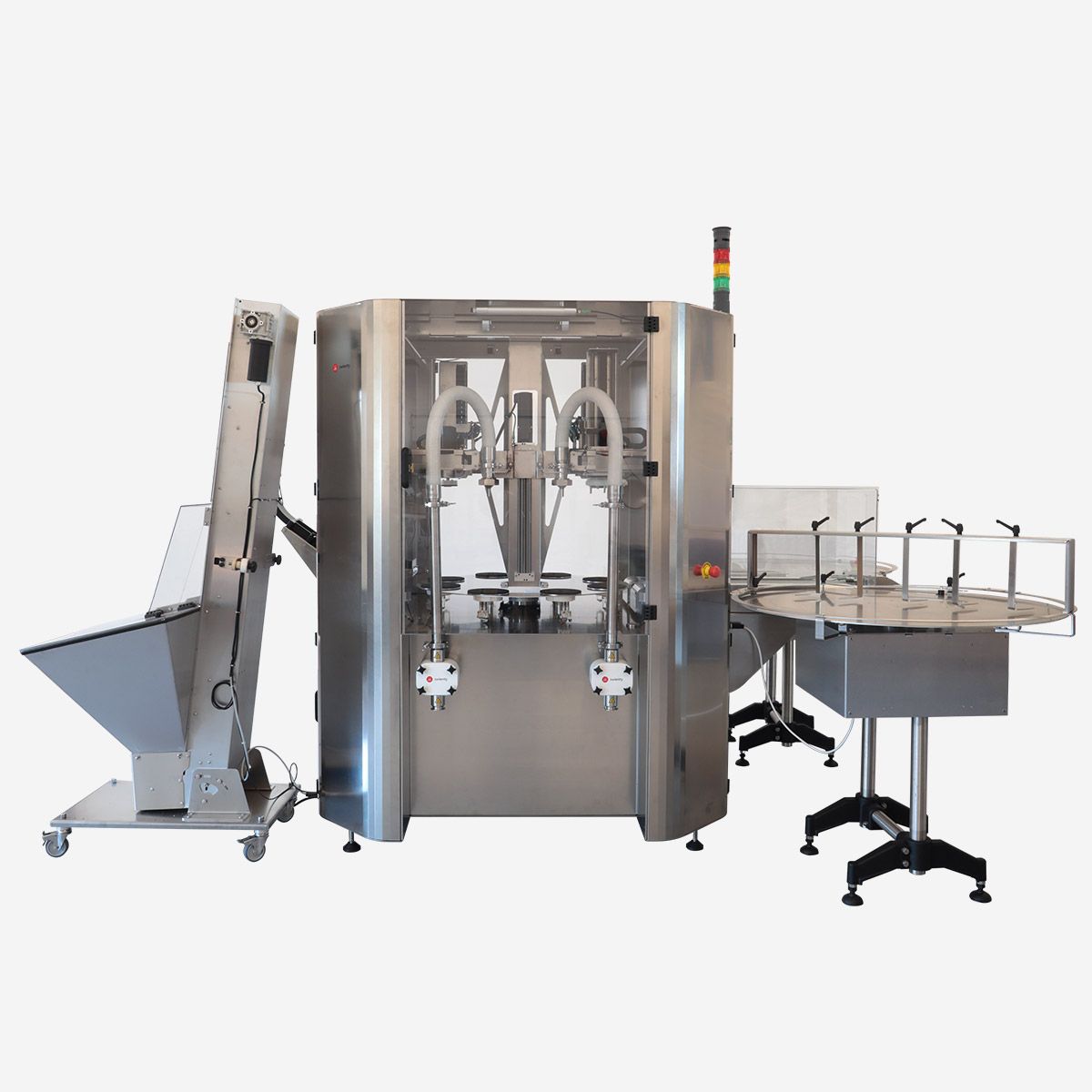 Fully automated filling station for filling viscous products.